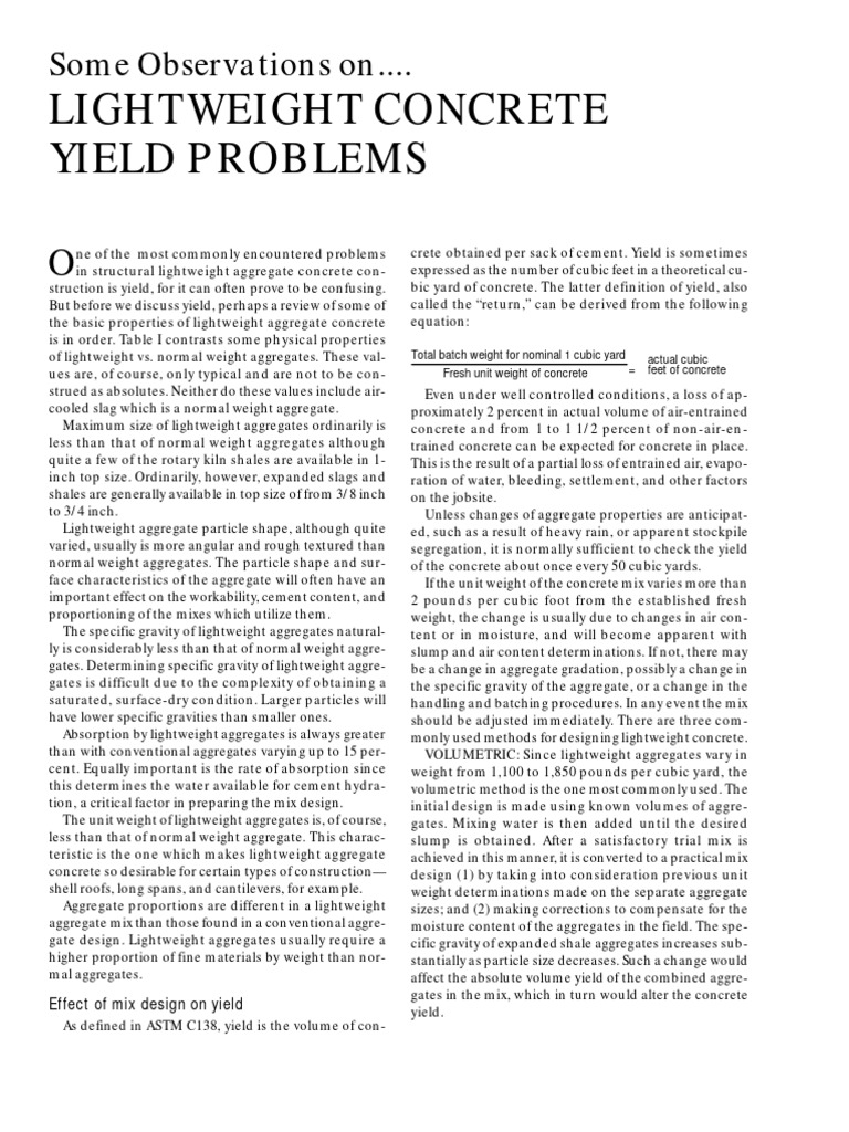 Lightweight Concrete Yield Challenges | PDF | Concrete | Construction ...