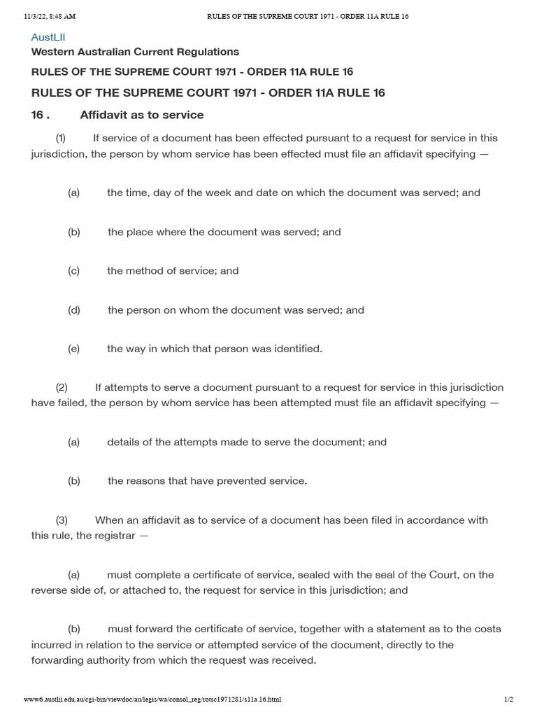 Rules of The Supreme Court 1971 - Order 11a Rule 16 | PDF | Affidavit ...