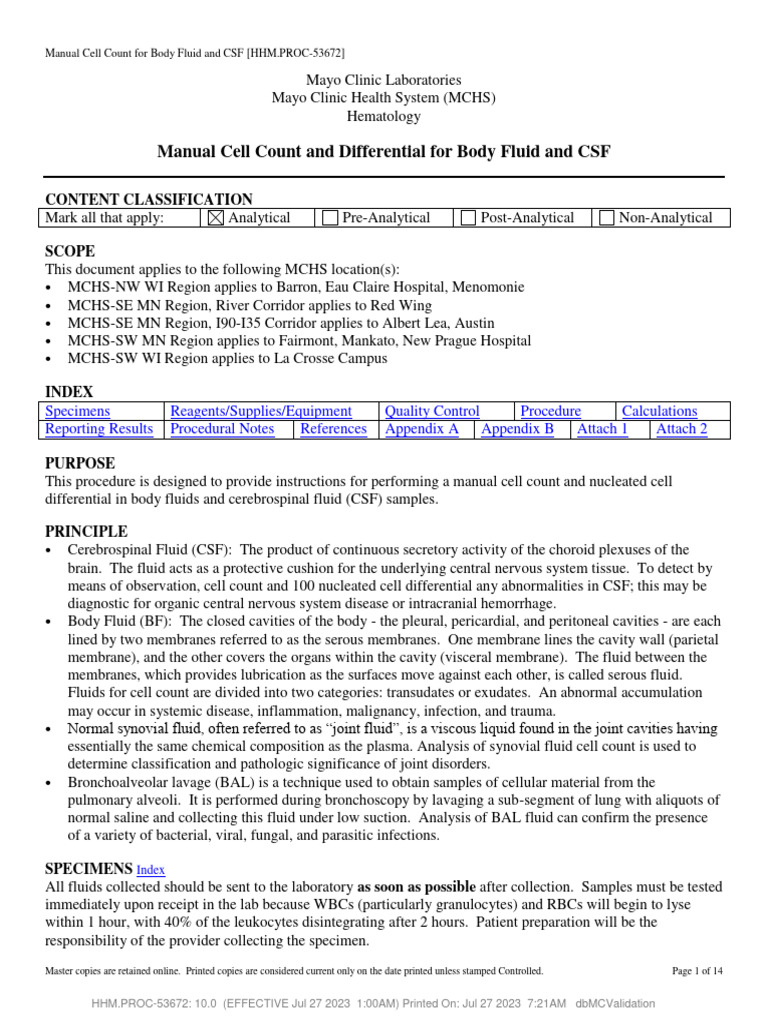 Lab Manual: Body Fluid Cell Count | PDF | Cerebrospinal Fluid | Medical ...