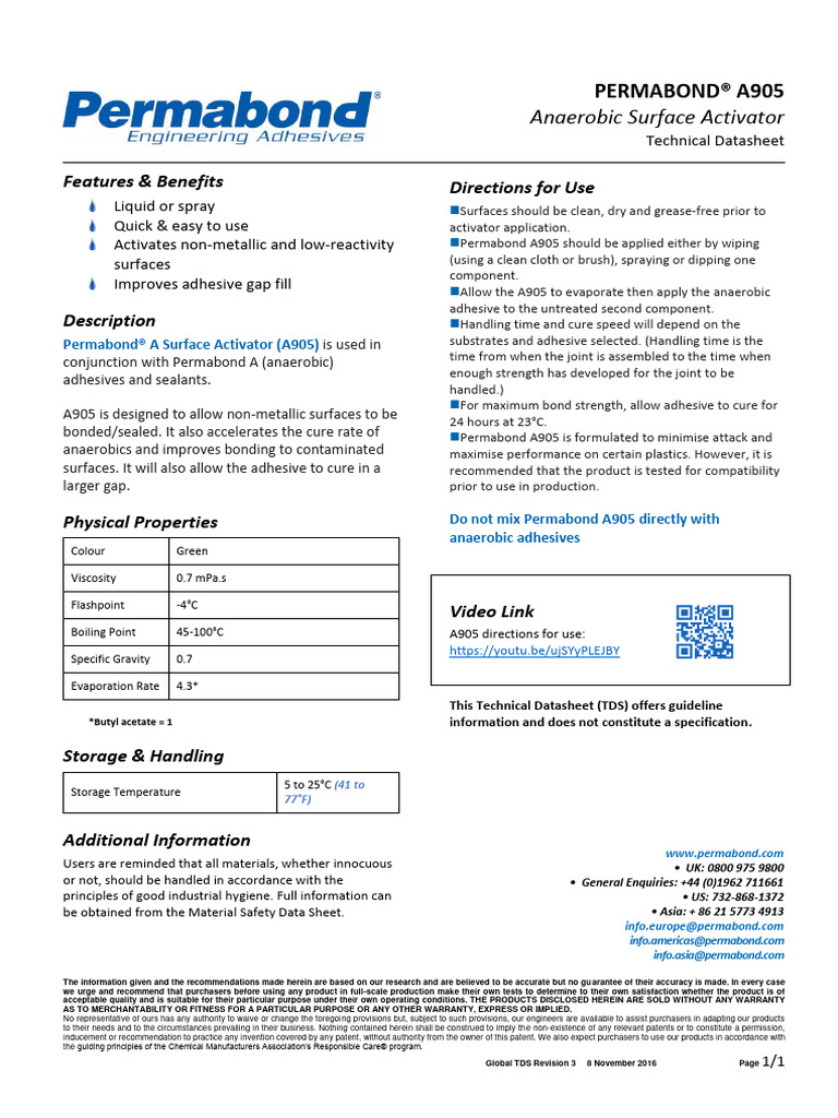 Permabond A905_TDS | PDF | Adhesive | Materials