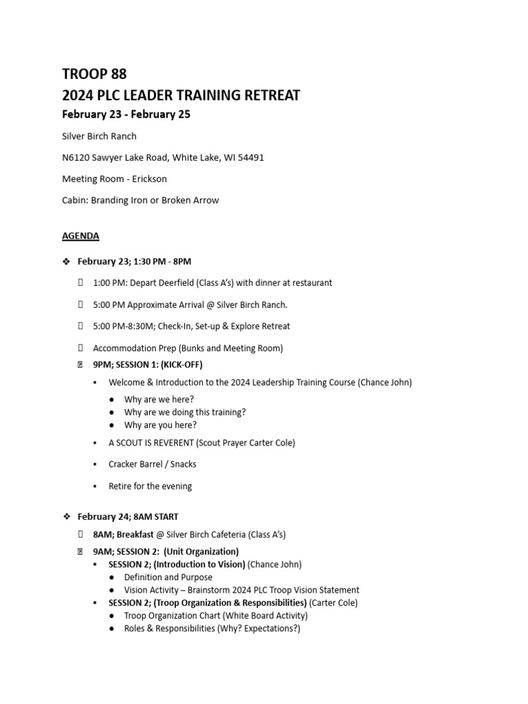2024 TROOP 88 Leadership Training Agenda Revised | PDF | Scouting ...