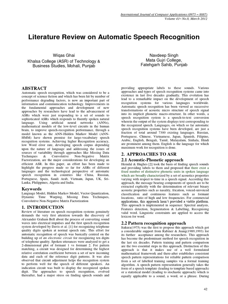 Literature Review On Automatic Speech Recognition Pdf Speech Recognition Support Vector