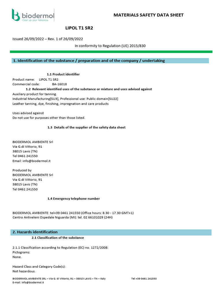 LIPOL T1 SR2 Safety Data Sheet | PDF | Workplace | Working Conditions