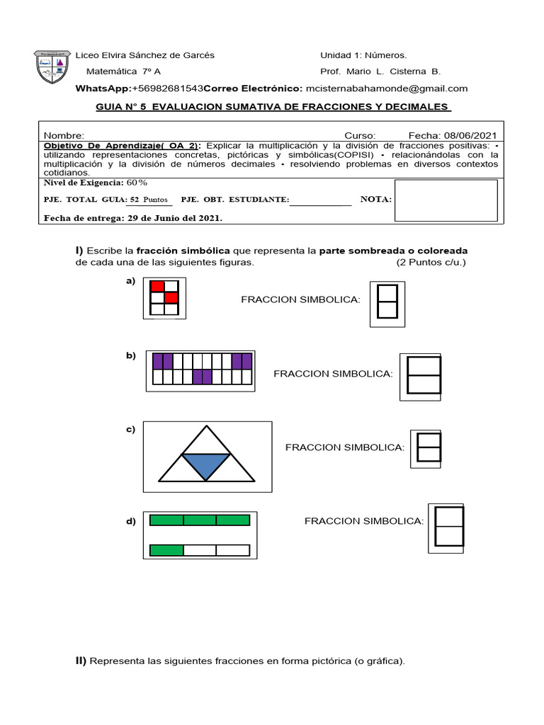 Guia N°5 Evaluada Fracciones y Decimales 7° Bas 2021 | Descargar gratis PDF | División ...