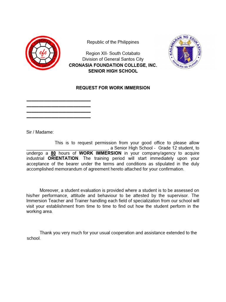 Work Immersion Request for SHS Students | PDF