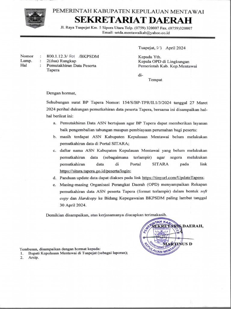 Surat Pemutakhiran Data Peserta Tapera 2024 | PDF