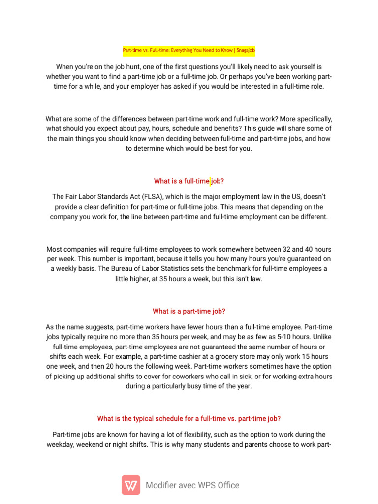 Full-Time vs. Part-Time Jobs Explained | PDF