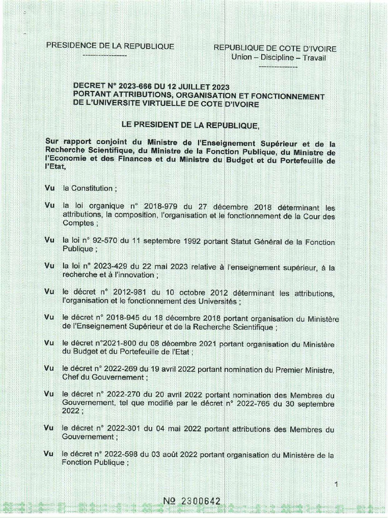 DECRET PORTANT ATTRIBUTION ORGANISATION ET FONCTIONNEMENT DE L UVCI Compressed | PDF