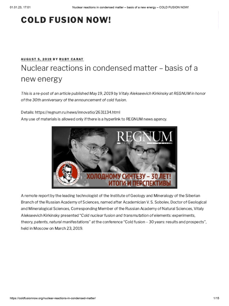 Cold Fusion Nuclear Reactions In Condensed Matter Basis Of A New