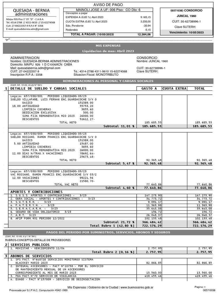 Mis Expensas Liquidacion de Mes: Abril 2023: Mainoli Jose A Uf: 006 Piso: Co Dto: 6 | PDF