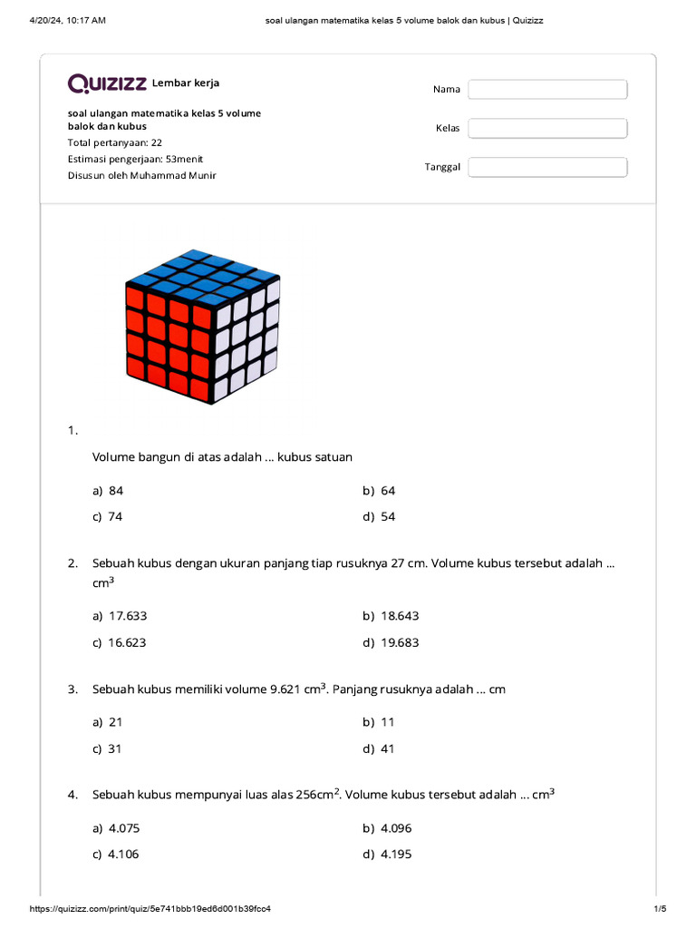 Soal Ulangan Matematika Kelas 5 Volume Balok Dan Kubus - Quizizz | PDF