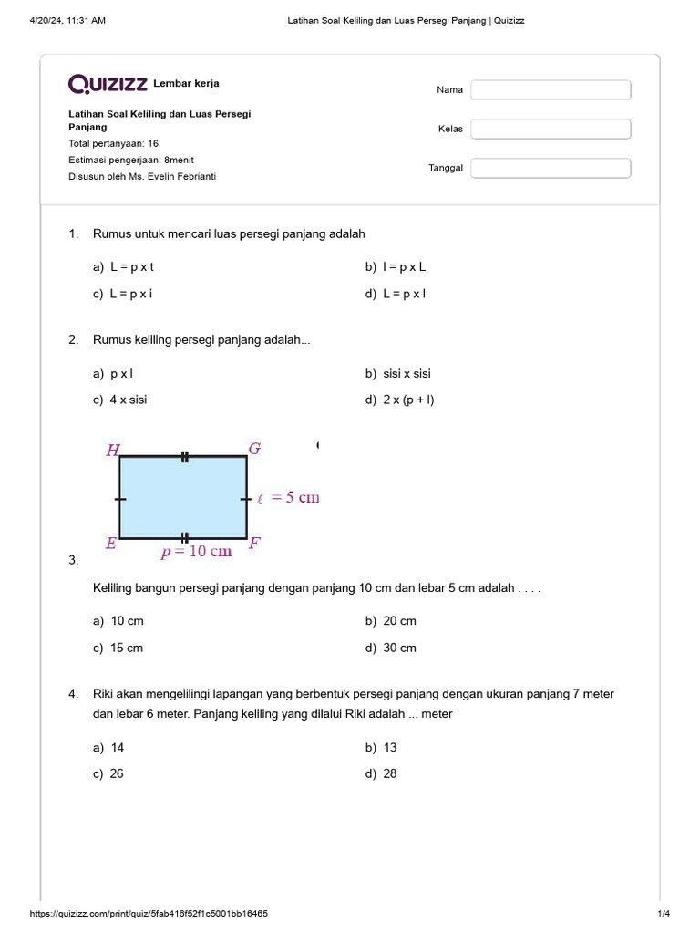 Latihan Soal Keliling Dan Luas Persegi Panjang - Quizizz | PDF | Metode & Bahan Ajar