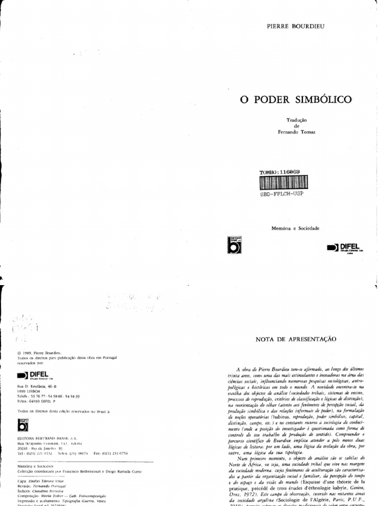 BOURDIEU, Pierre. O Poder Simbólico - LIVRO | PDF