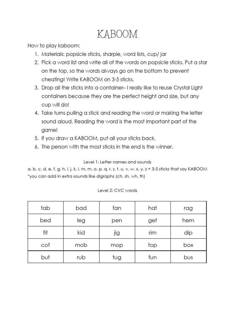Kaboom (Popsicle Stick) Game | PDF
