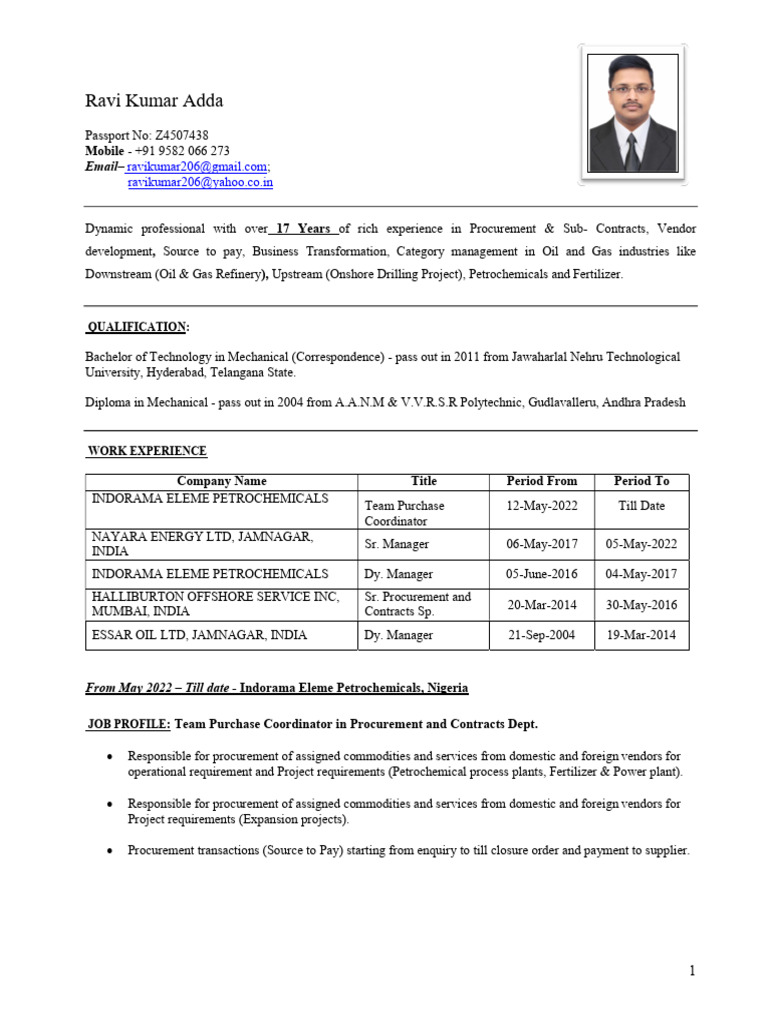 Procurement Profile - Ravikumar Adda | PDF | Procurement | Business