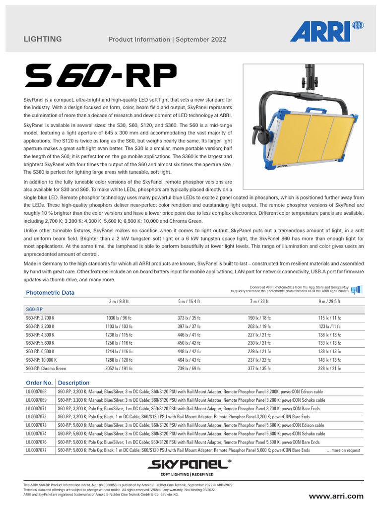 ARRI - SkyPanel S60-RP - Data Sheet - EN - Sep2022 | PDF | Light ...