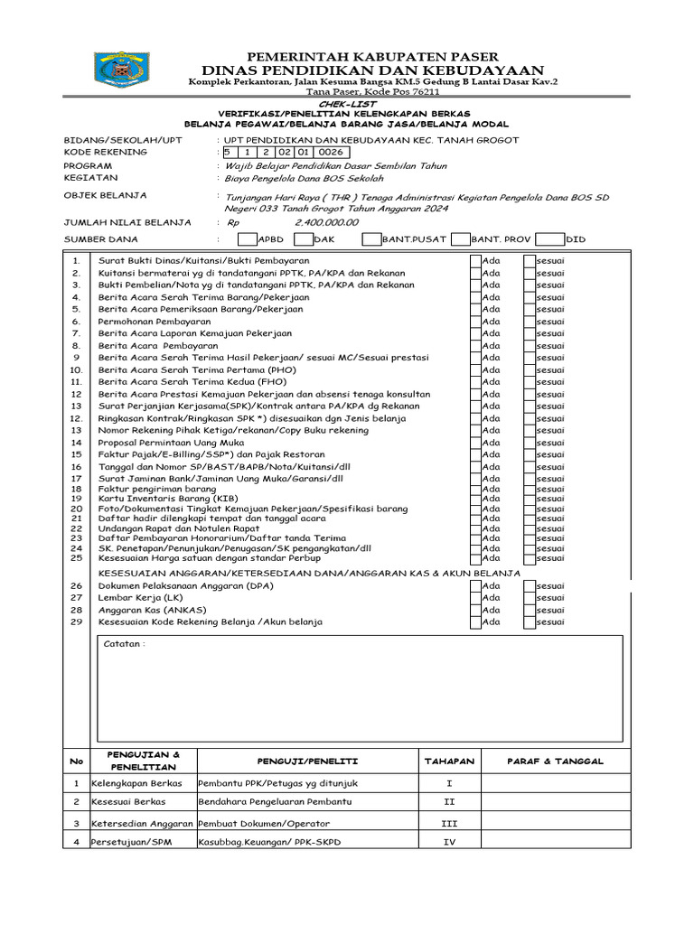 Contoh Format Cek List Verifikasi DISDIK 2024 PTT | PDF