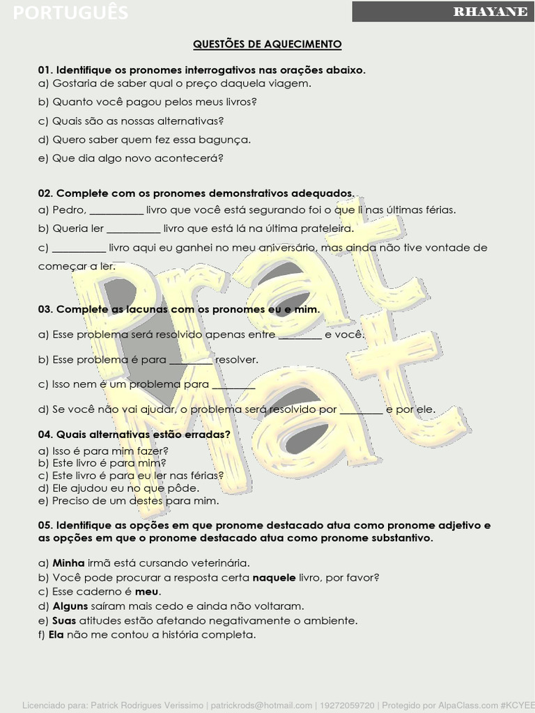 Lista de Exercicios de Pronomes | PDF | Pronome | Assunto (gramática)