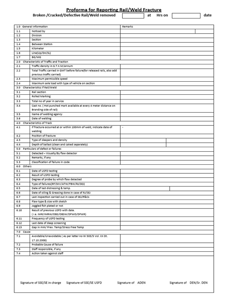 Fracture Proforma For Reporting Rail Weld Failure | PDF | Fracture | Mechanical Engineering