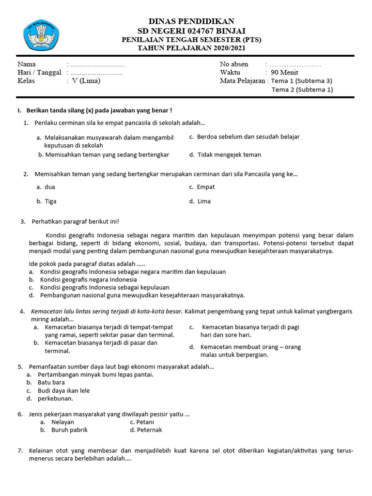 Soal Pts Kelas 5 Tema 1 Sub 3 Tema 2 Sub 1 | PDF
