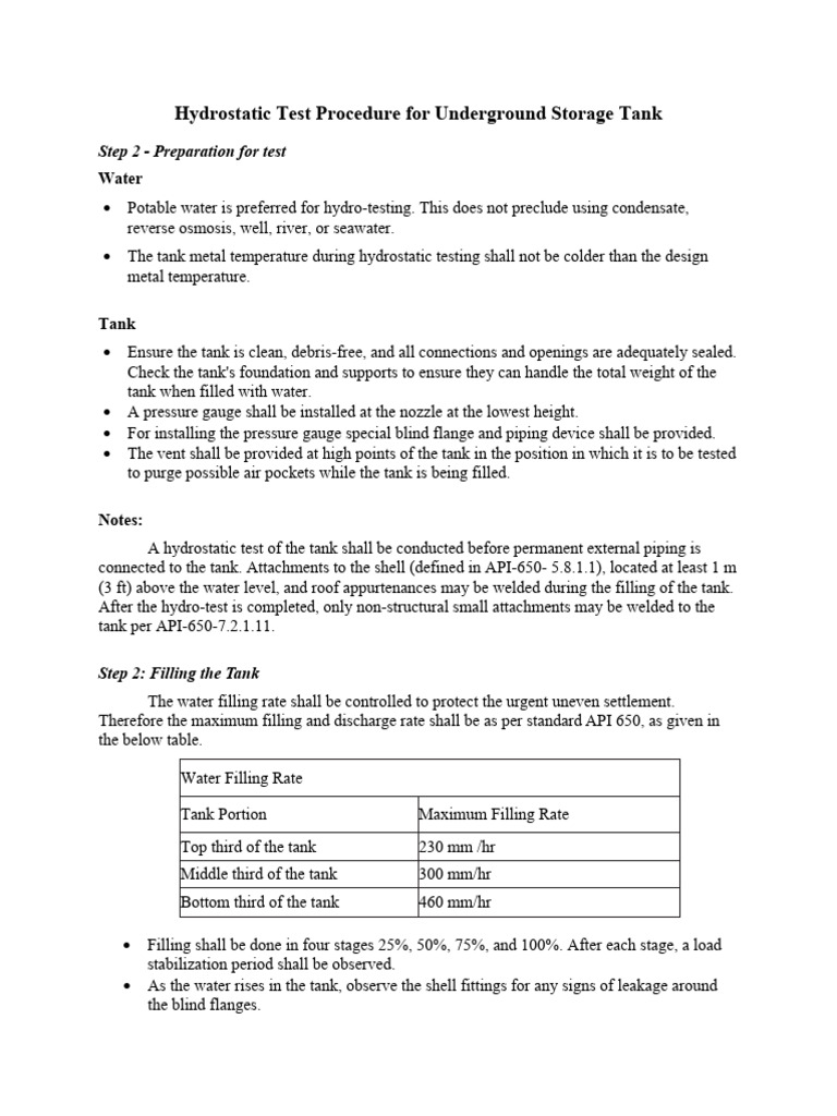 Hydrostatic Test Procedure For Underground Storage Tank | PDF | Leak ...