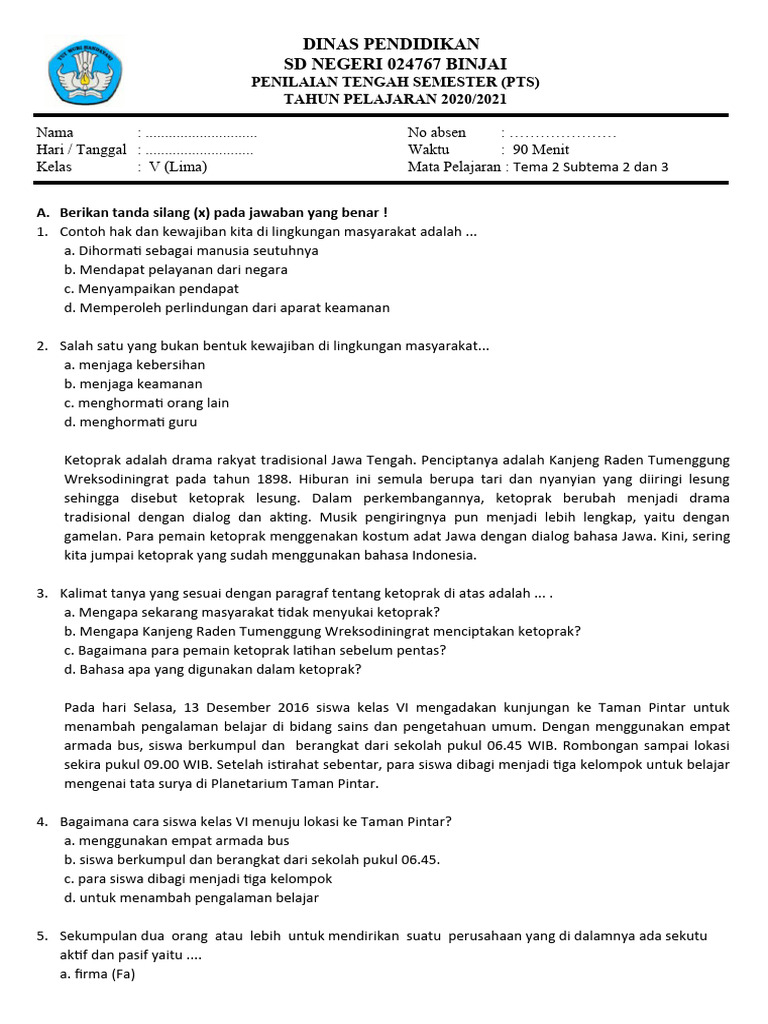 Soal Pts Kelas 5 Tema 2 Sub 2&3 | PDF | Kajian Bahasa Asing