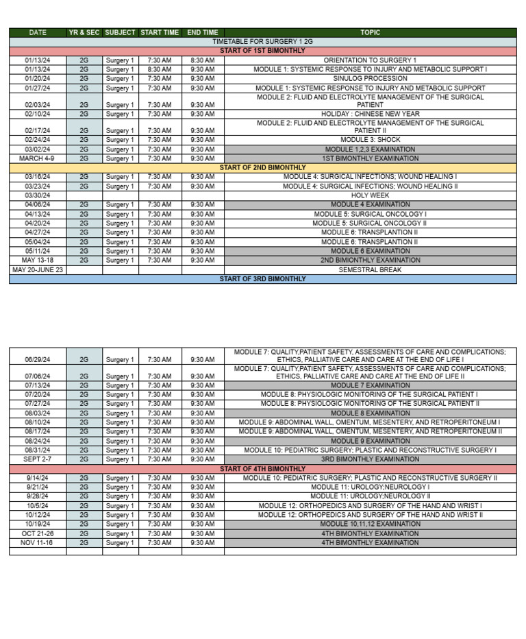 2G Surgery Time Table | PDF | Surgery | Clinical Medicine