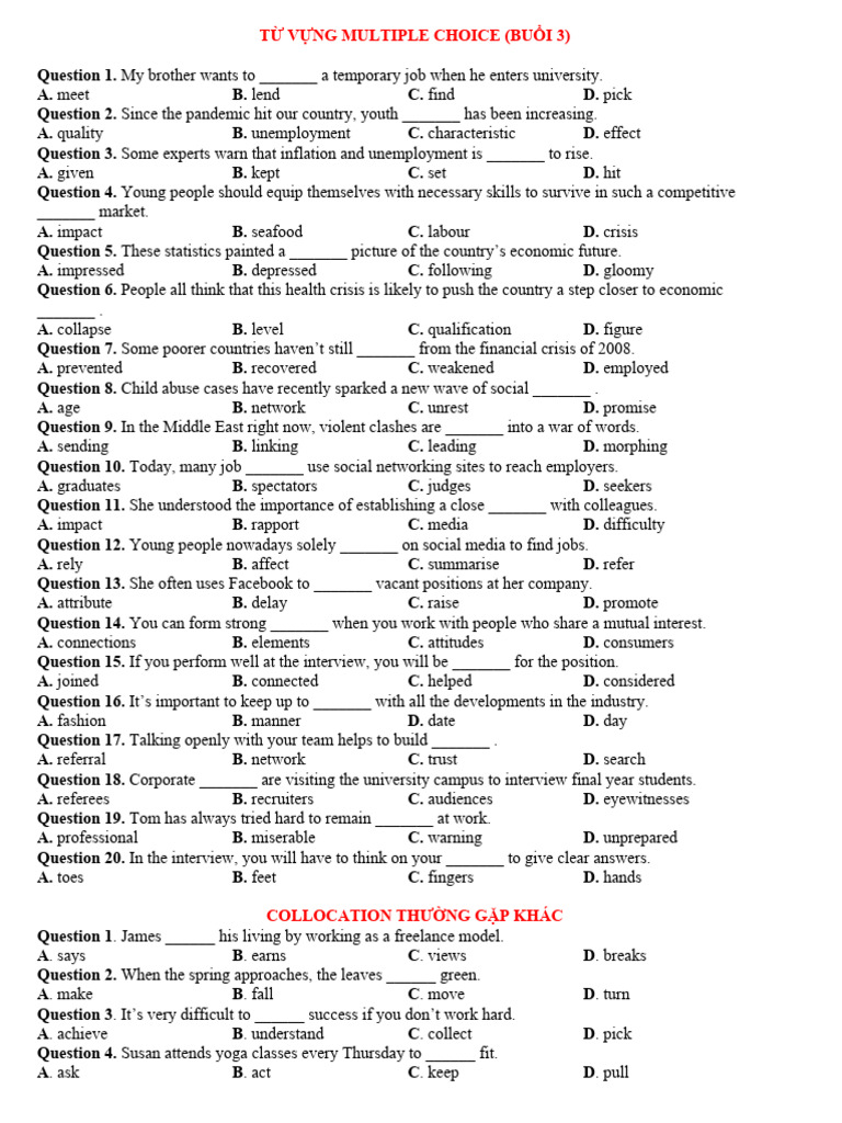 Vocabulary Multiple Choice Practice 3 | PDF | Unemployment