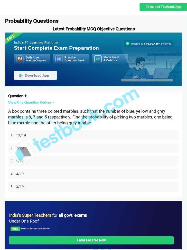 MCQ On Probability 5eea6a1039140f30f369e860 | PDF