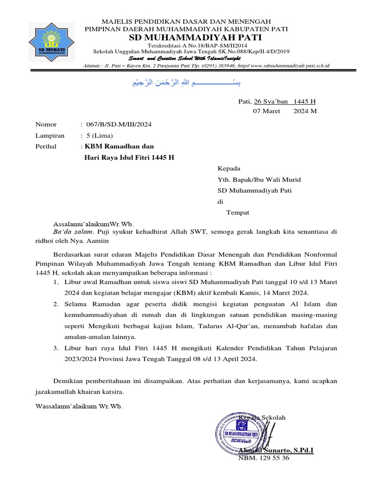 Surat Pemberitahuan KBM Ramadhan Dan Libur Idul Fitri 1445 H | PDF
