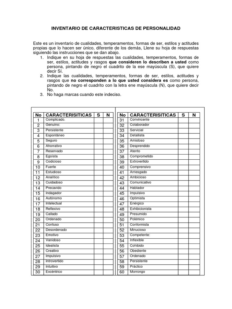 Invent de Caracteristicas de Personalidad | PDF
