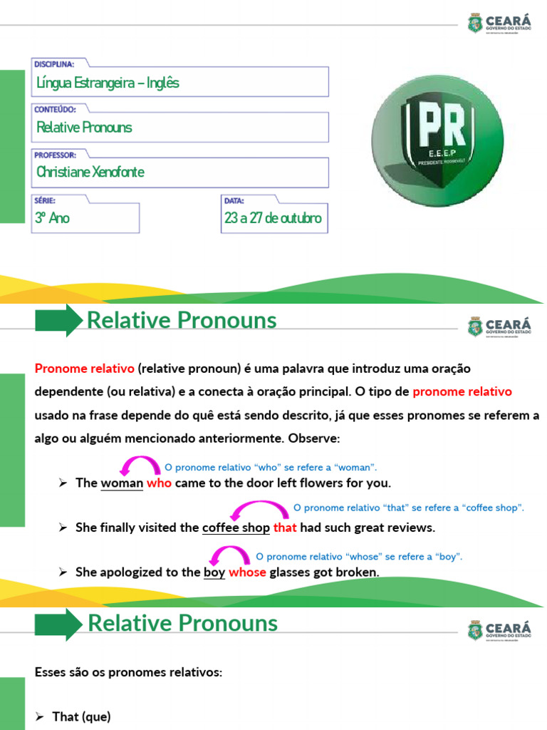 Aula 23 - Relative Pronouns - 3ºEM | PDF | Gramática | Número gramatical