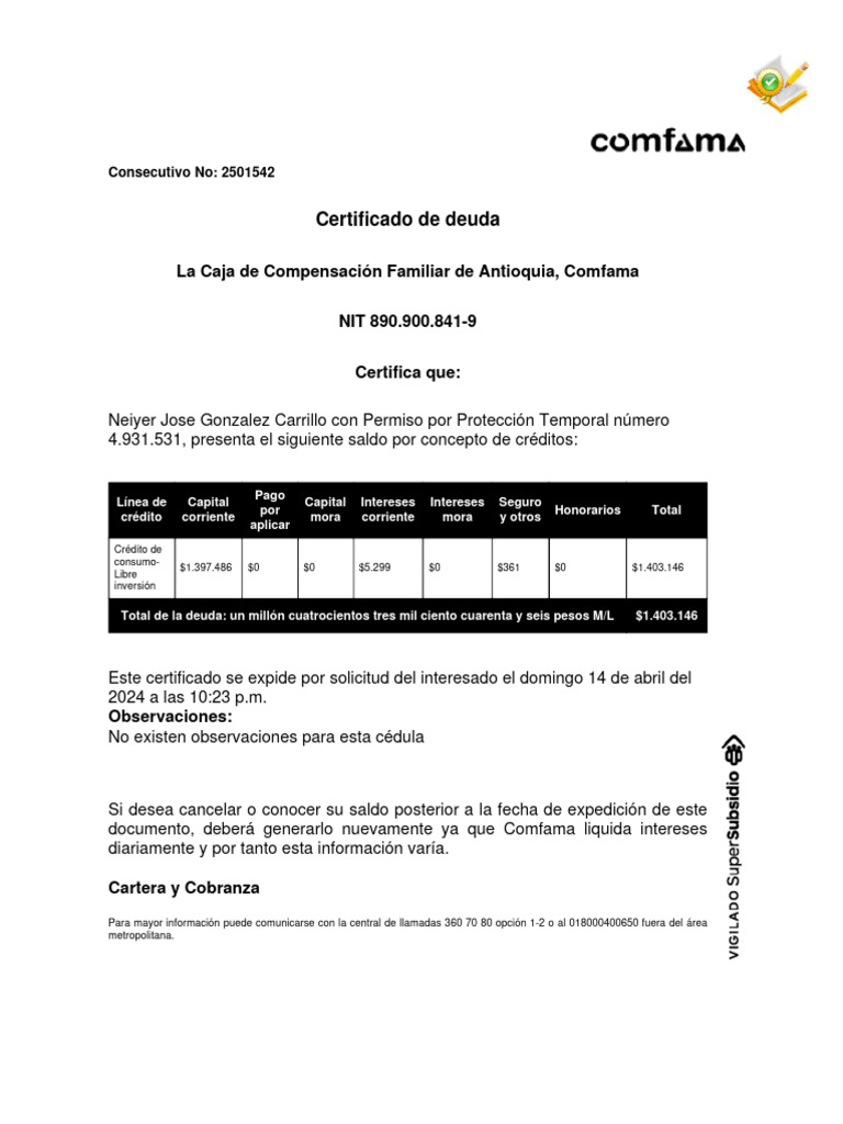 Certificado Deuda | PDF