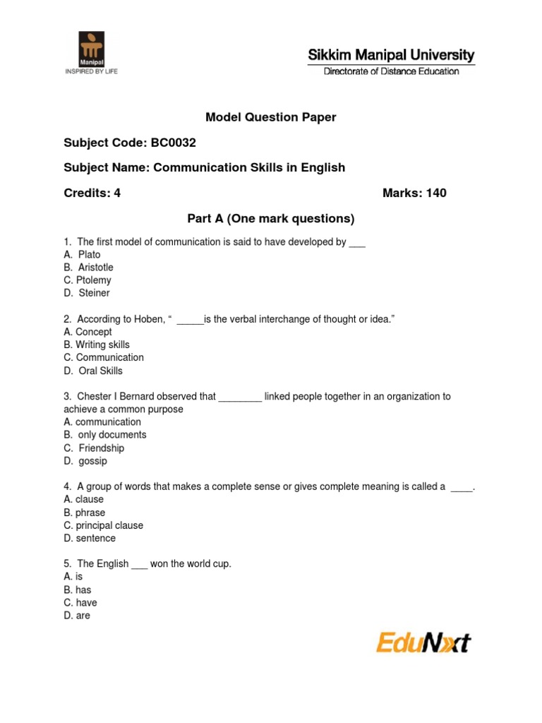 BC0032-Communication Skills-Model Question Paper | Subject (Grammar) | Verb