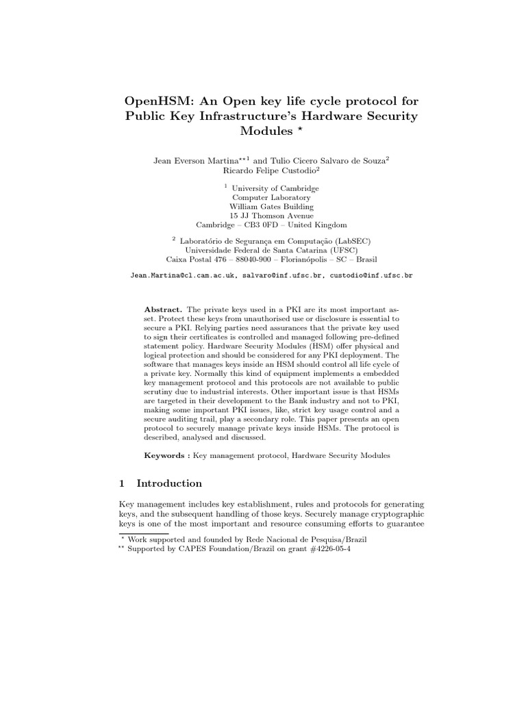 OpenHSM An Open Key Life Cycle Protocol For PKI HSM | PDF | Key ...