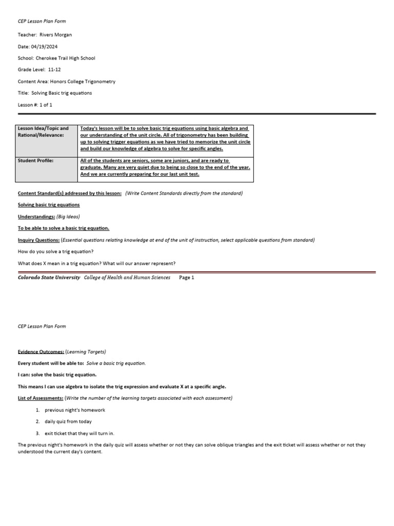 Cep Lesson Plan Solving Trig Equations | PDF | Lesson Plan | Teachers