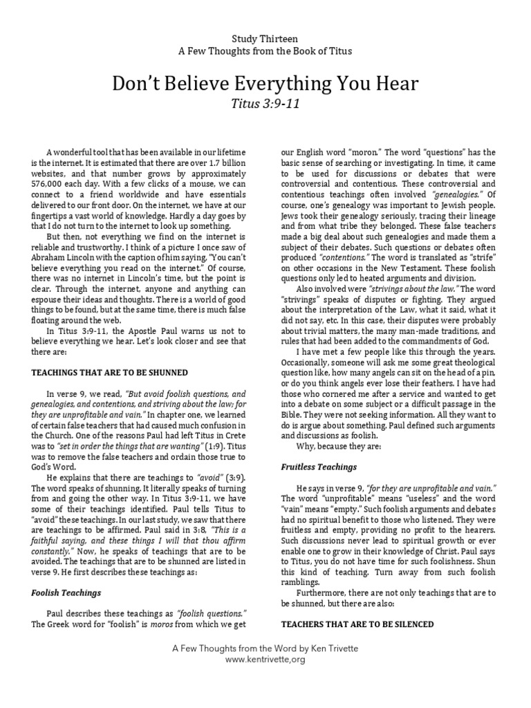 Don't Believe Everything You Hear Titus 3.9-11 | PDF | Paul The Apostle | Sermon