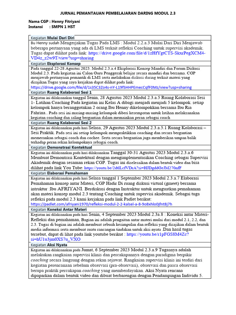 Jurnal Pemantauan Pembelajaran Daring Modul 2.3 | PDF