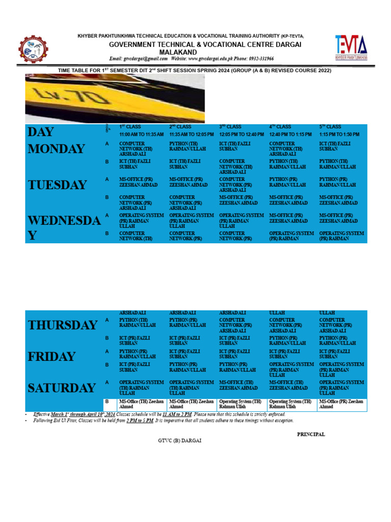 DIT 1st Semester Timetable Spring 2024 | PDF