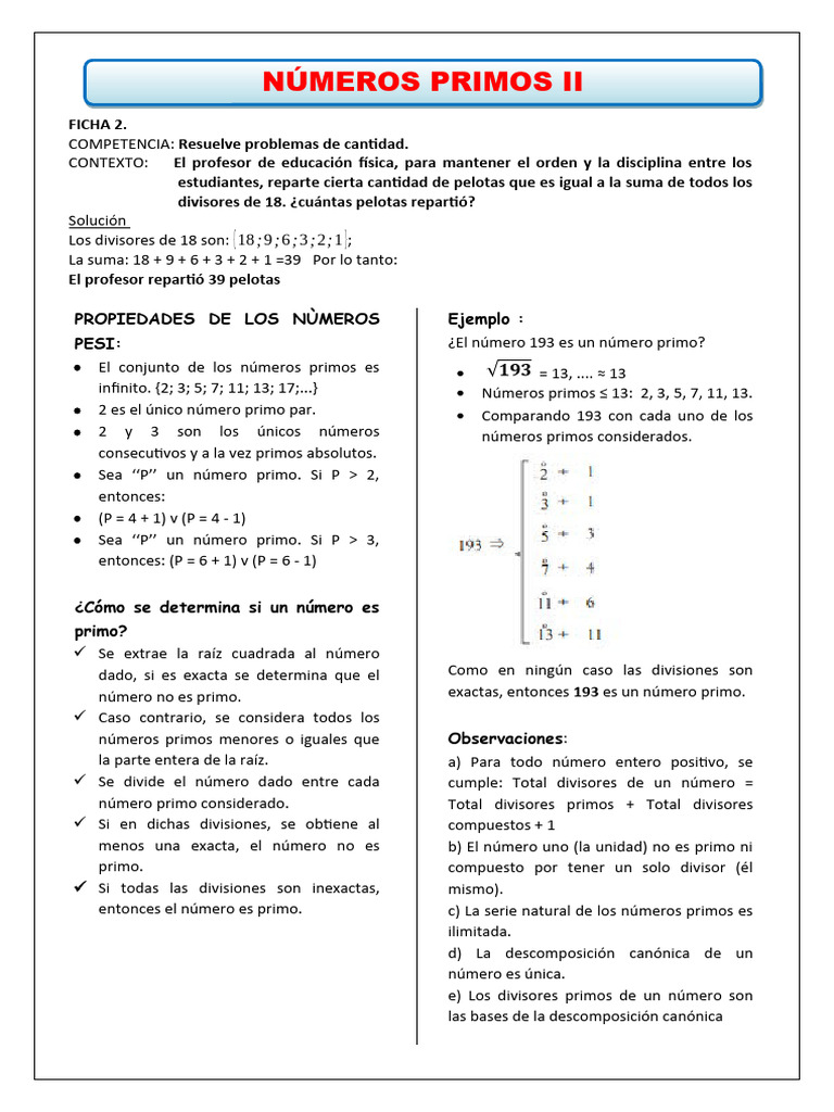 Ficha 2 - Numeros Primos - Evangelista | PDF | Número primo | Conceptos ...