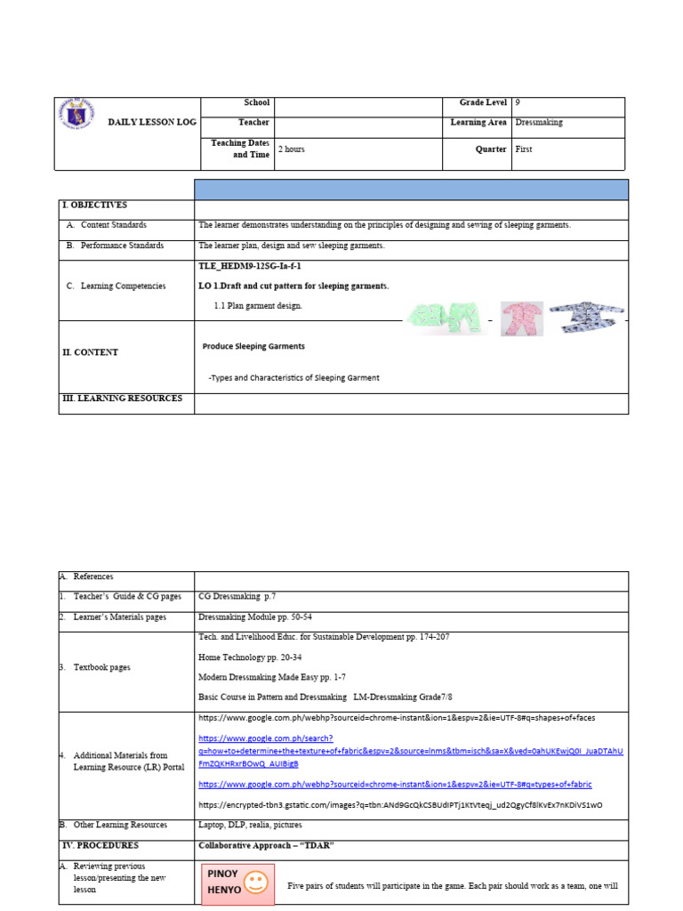 Grade 9 Dressmaking Lesson Plan | PDF | Learning | Cognition