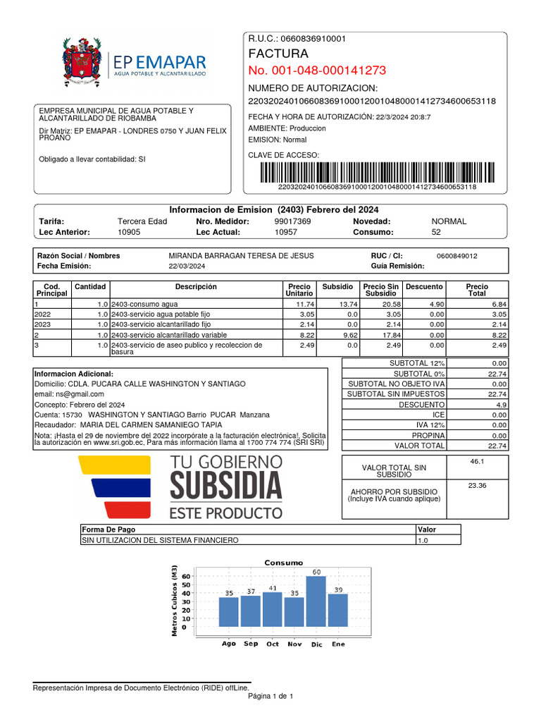 Factura - 001 048 000141273 | PDF | Pagos | Finanzas del gobierno