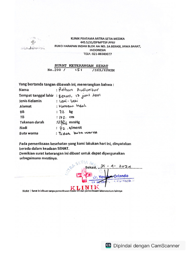 Surat Keterangan Sehat - Reihan Audi Akbar | PDF