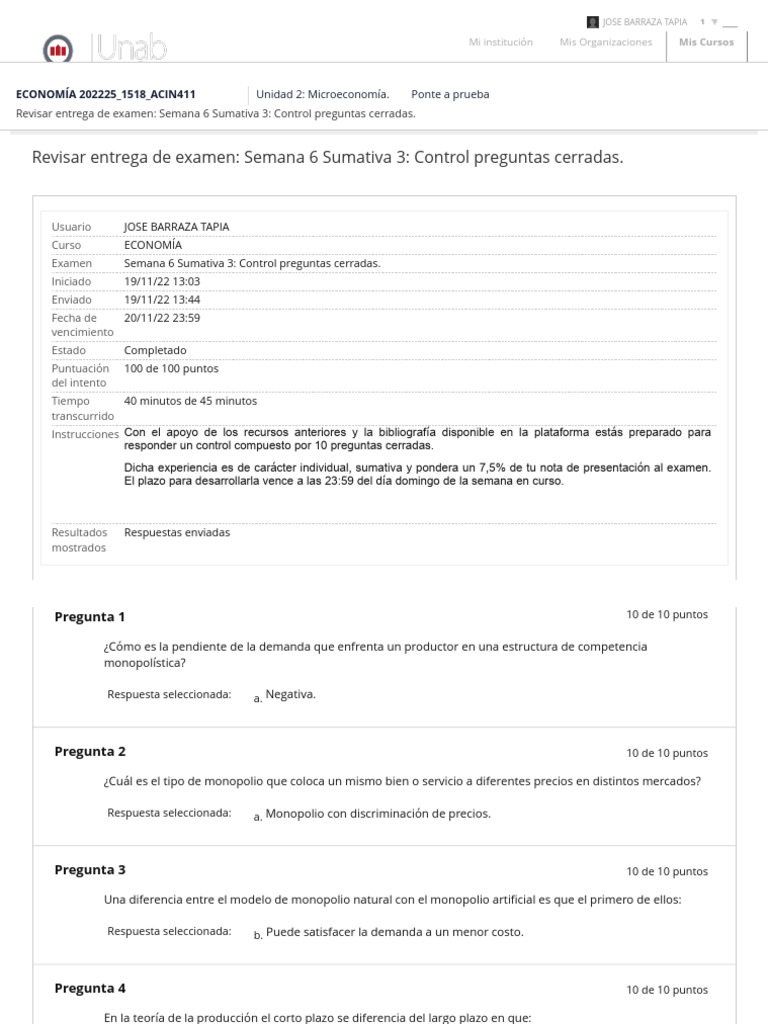 Revisar Entrega de Examen - Semana 6 Sumativa 3 - Control 19-11-2022 | PDF | Monopolio | Economias