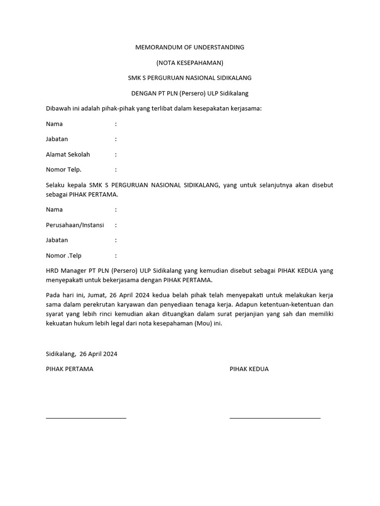 Memorandum of Understanding SMK 2024 | PDF | Karier & Perkembangan | Bisnis
