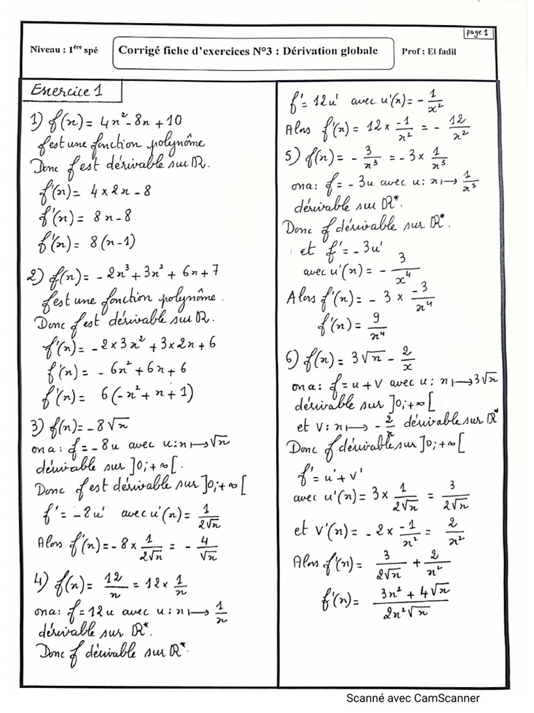 Corrigé Exercices 1 Et 2 Fiche Dérivation Globale. | PDF