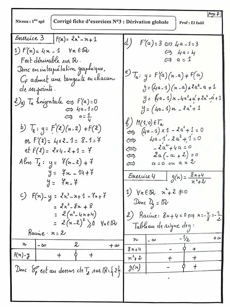 Suite Corrigé Fiche Ex N°3 Dérivation Globale 1ère | PDF