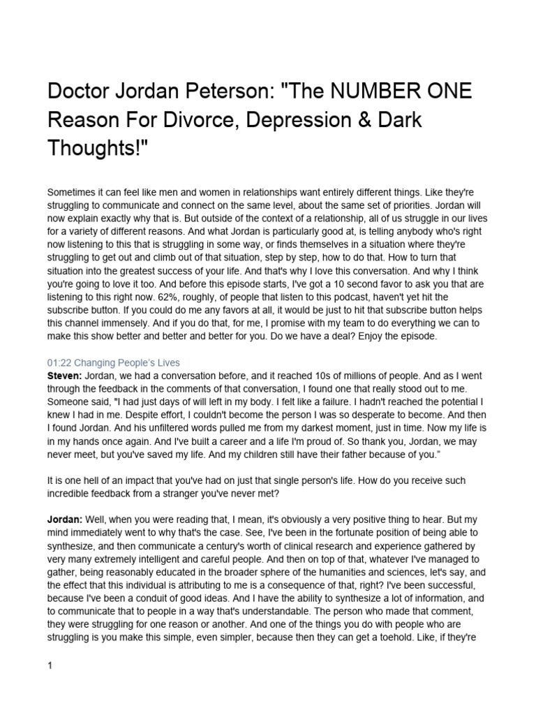 Doctor Jordan Peterson The NUMBER ONE Reason For Divorce, Depression ...