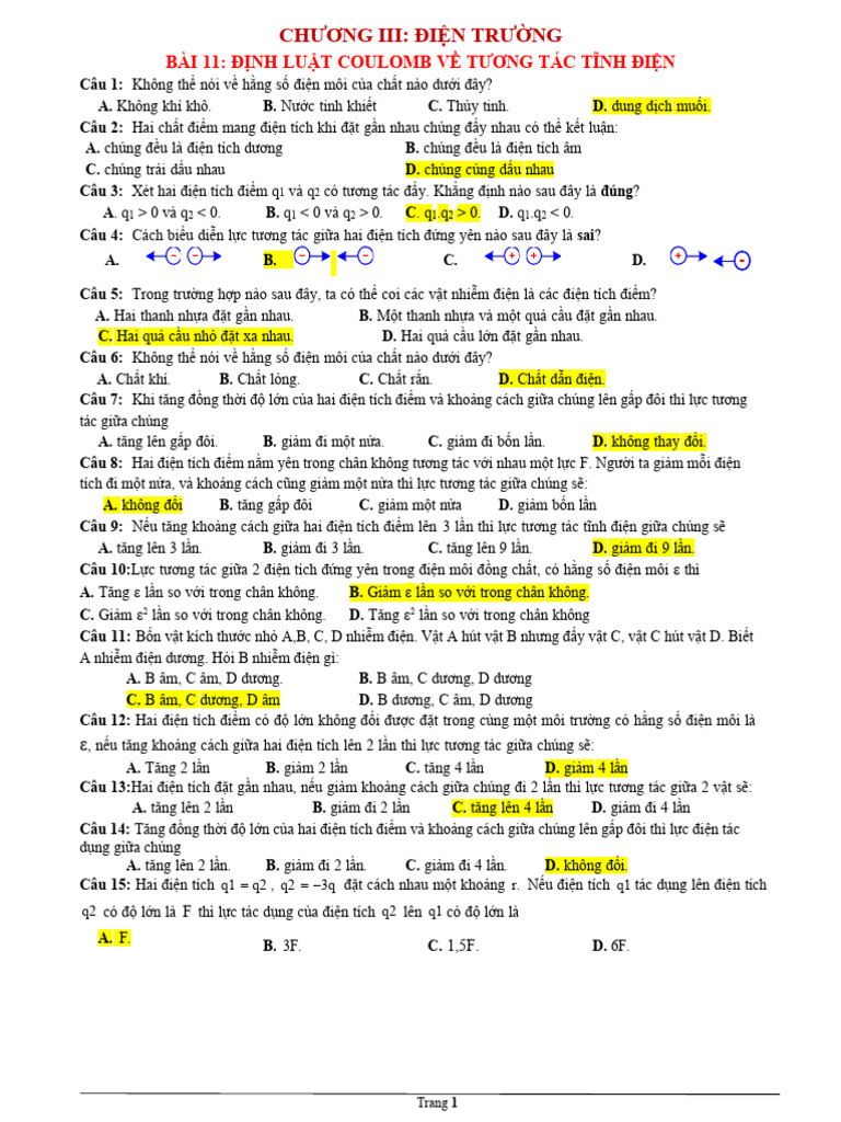 Bài 11: Định Luật Coulomb Về Tương Tác Tĩnh Điện: q1 q2, q2 3q r. q1 q2 q2 q1 | PDF