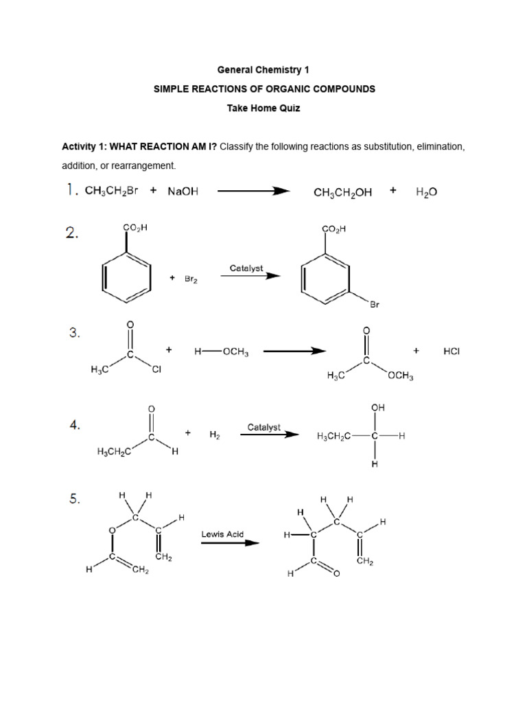 Chem 1 Q2 Take Home Quiz Types of Organic Reactions | PDF